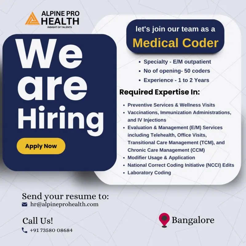 50+ E/M Outpatient Medical Coder Jobs | B Pharma, Life Sciences | Alpine Pro Health