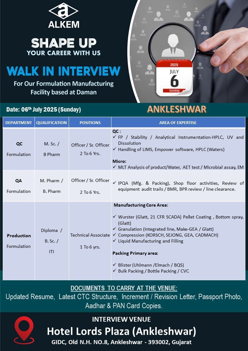 Alkem Labs Walk-In QC, QA, Microbiology, Production, Packing