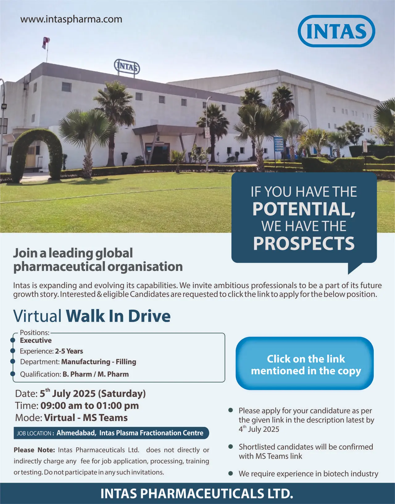 Intas Pharmaceuticals Hiring Executive - Manufacturing (Filling)